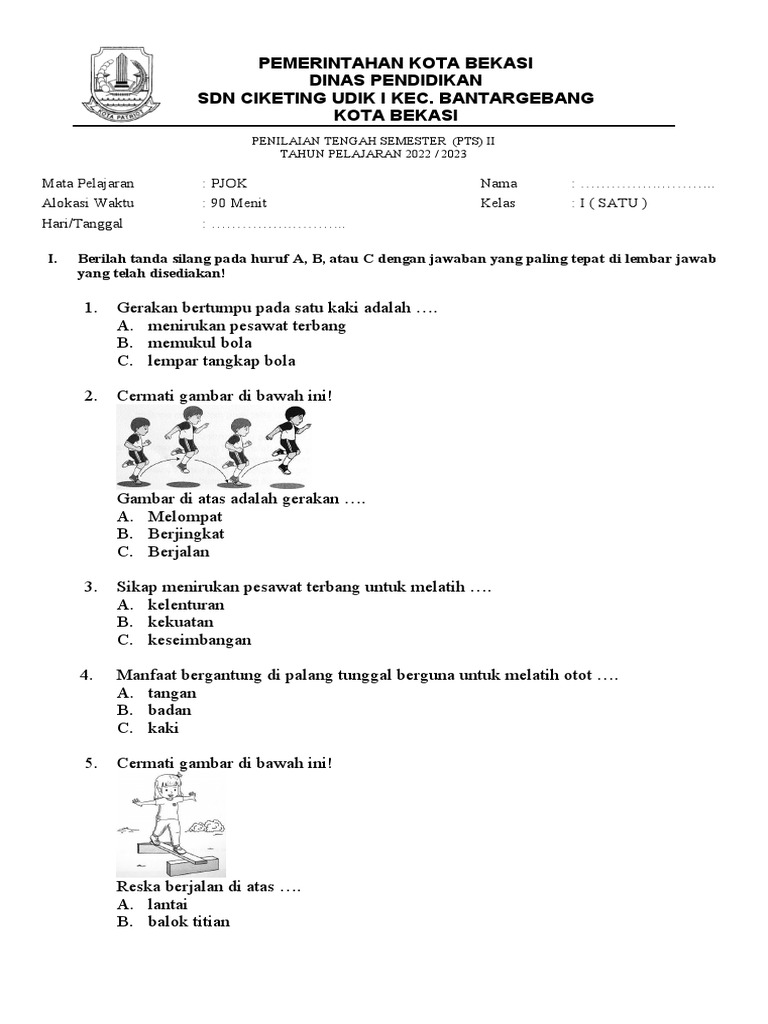 Soal PTS PJOK Kelas 1 SD 2023 | PDF