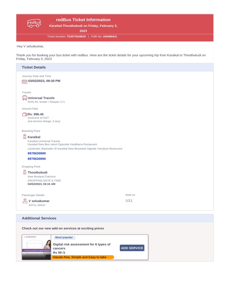 Bus - Ticket - Karaikal To Tuty | PDF | Bus | Ticket (Admission)