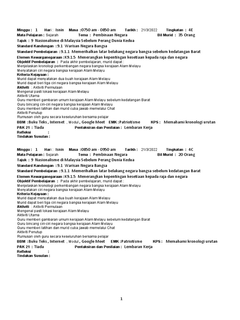 RPH TS25 Sej (21.03.2022-25.03.2022) | PDF