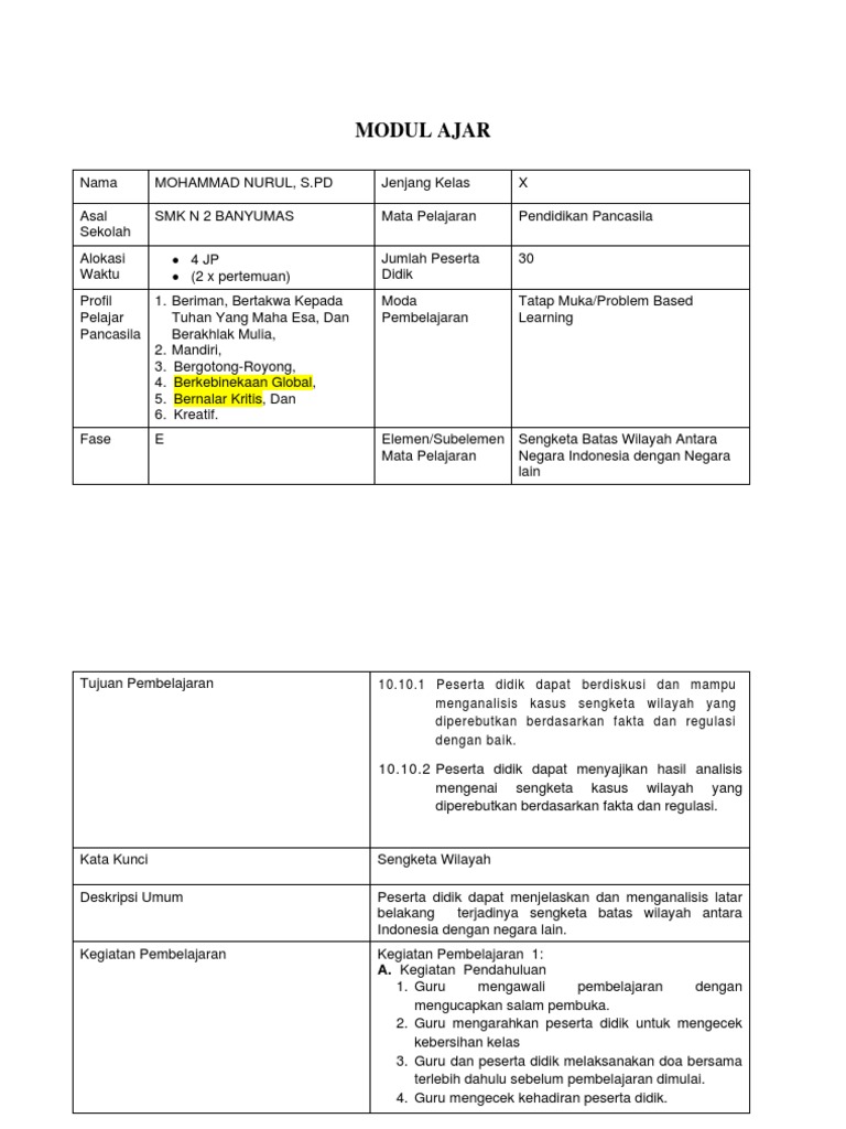 Modul Ajar 1-Pbl-ppg Unnes-Mohammad Nurul Revisi New | PDF