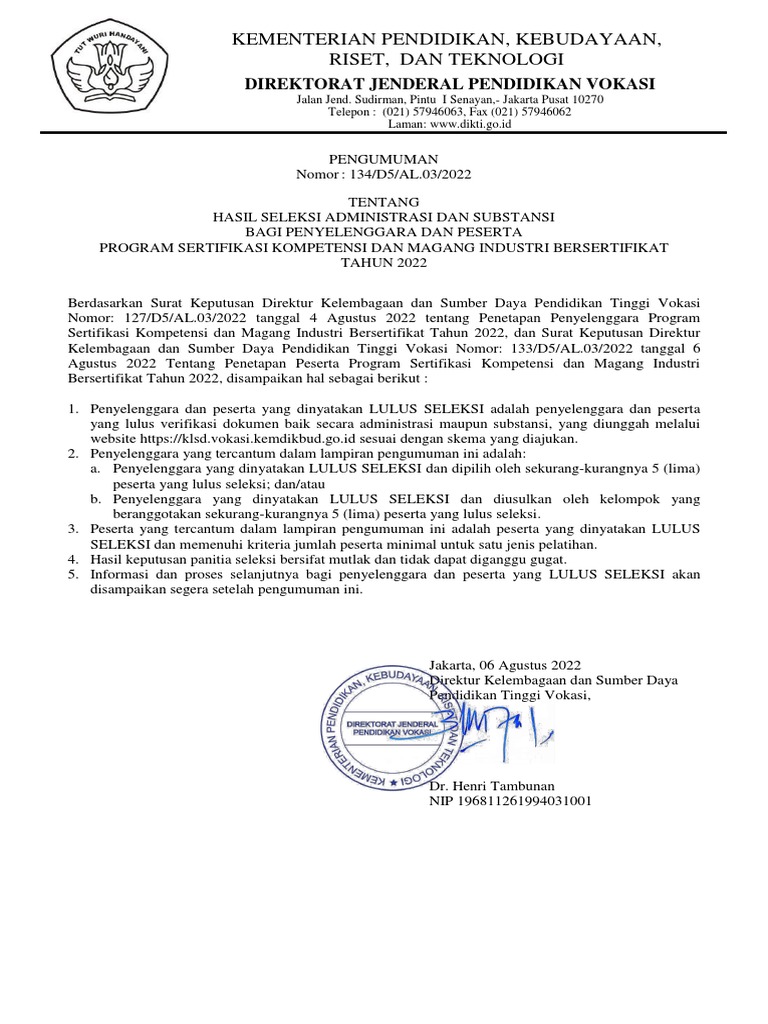 Surat Pengumuman Sertikom Dan Magang Industri Bersertifikat-1 | PDF