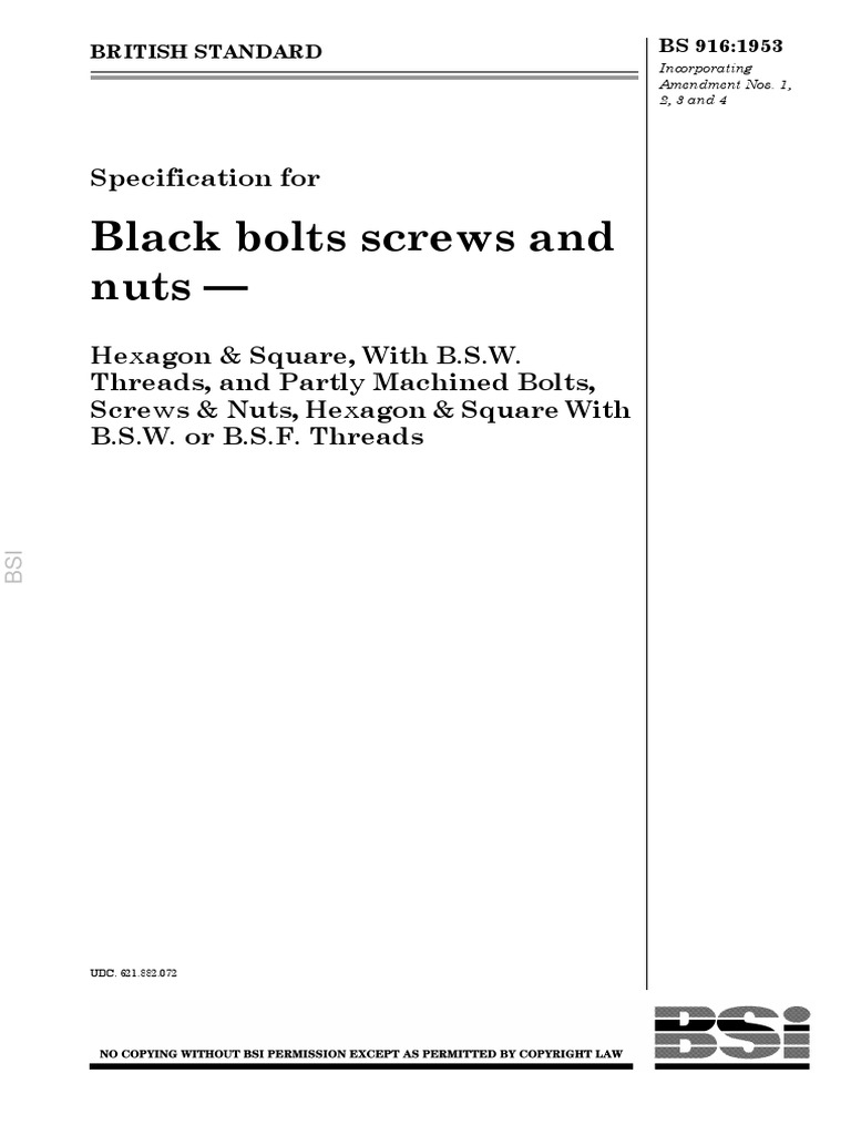 BS 916-1953 Specification For Black Bolts, Screws & Nuts (Obsolete) | PDF | Screw | Mechanical ...
