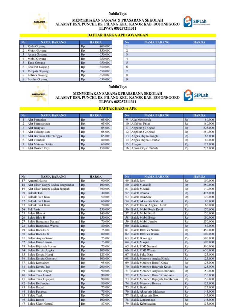 Daftar Harga Mainan dan Alat Pendidikan | PDF