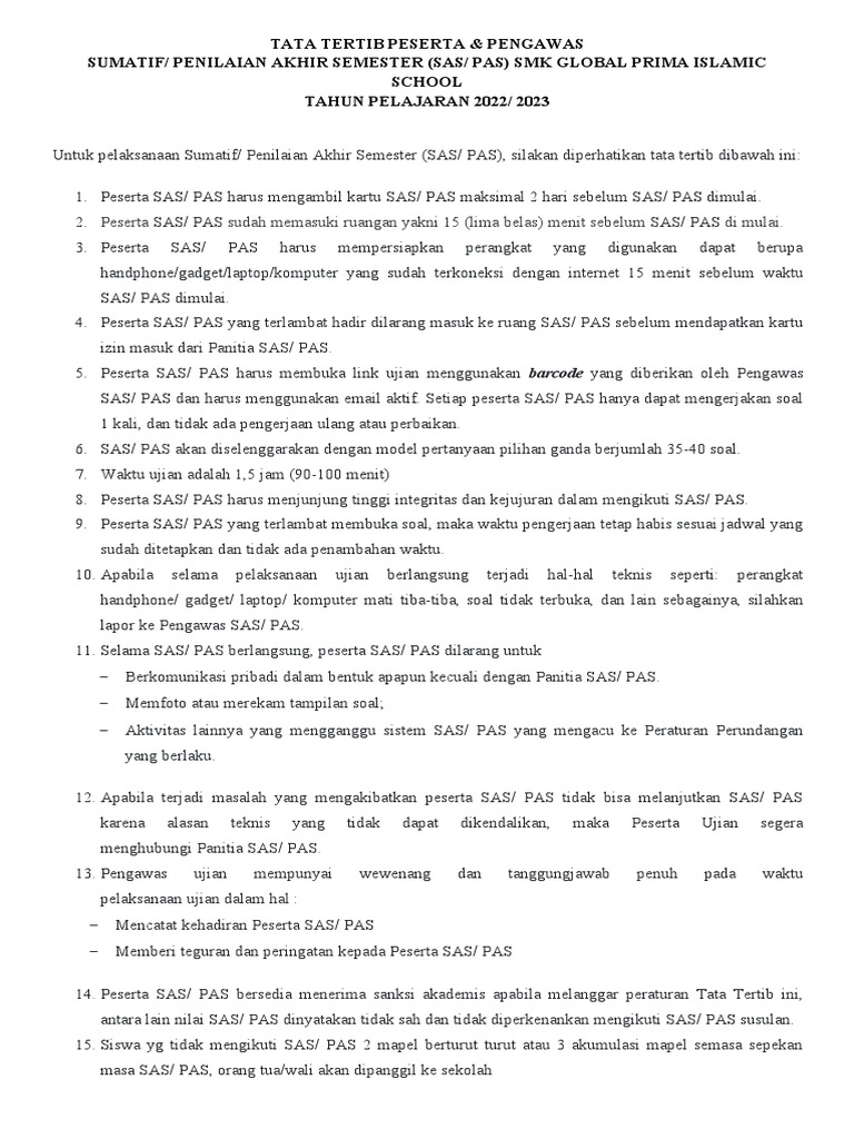 Tata Tertib Peserta & Pengawas Pas 22-23 | PDF