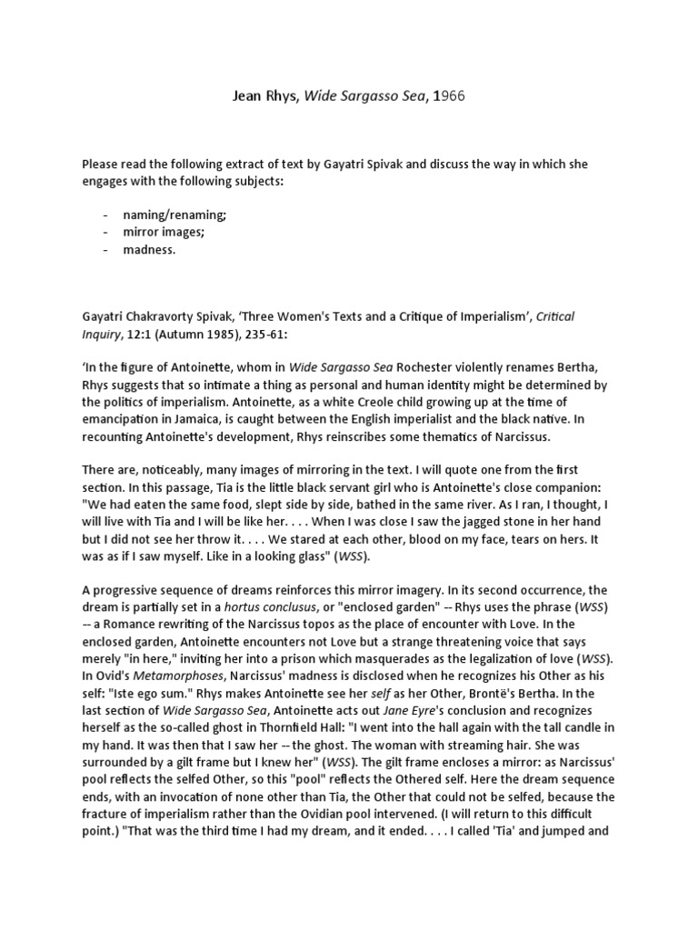 Wide Sargasso Sea Handout | PDF