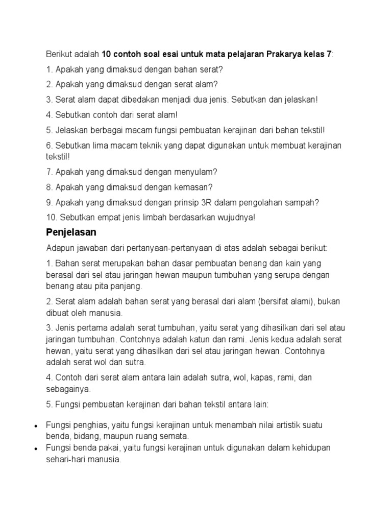 Soal PTS Prakarya Kelas 7 Sem 2 | PDF