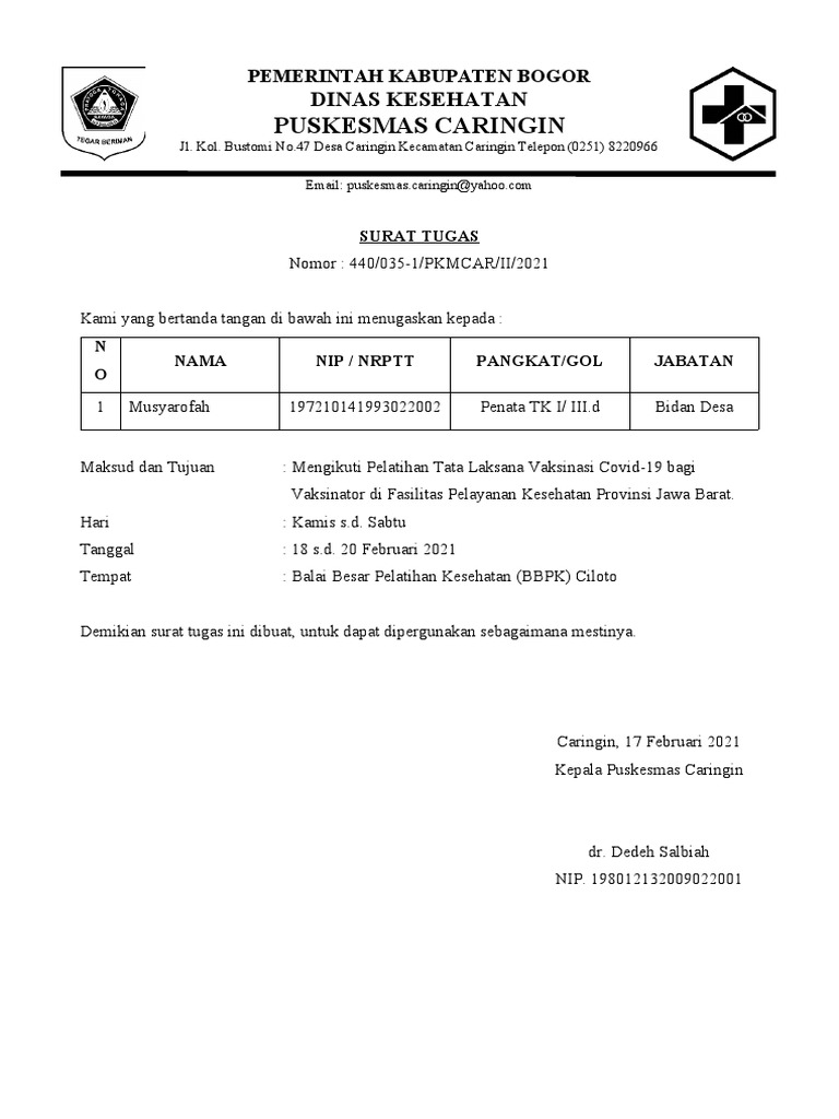 Surat Tugas BBPK Ciloto | PDF