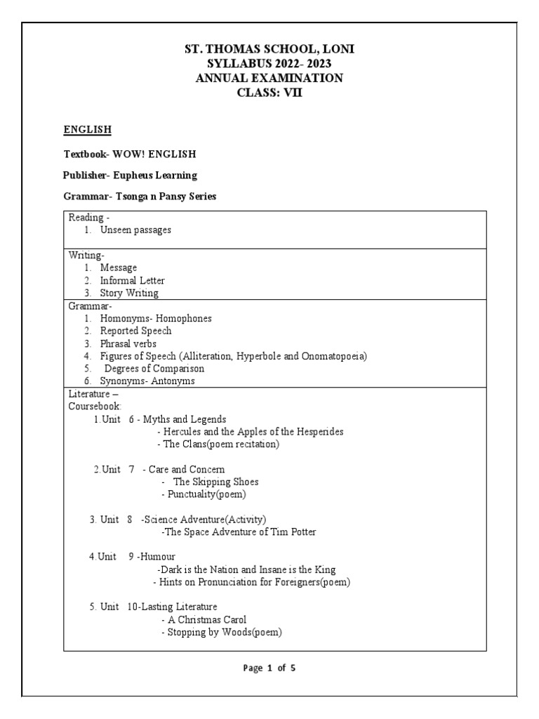 St. Thomas School, Loni SYLLABUS 2022-2023 Annual Examination Class: Vii | PDF | Mathematics