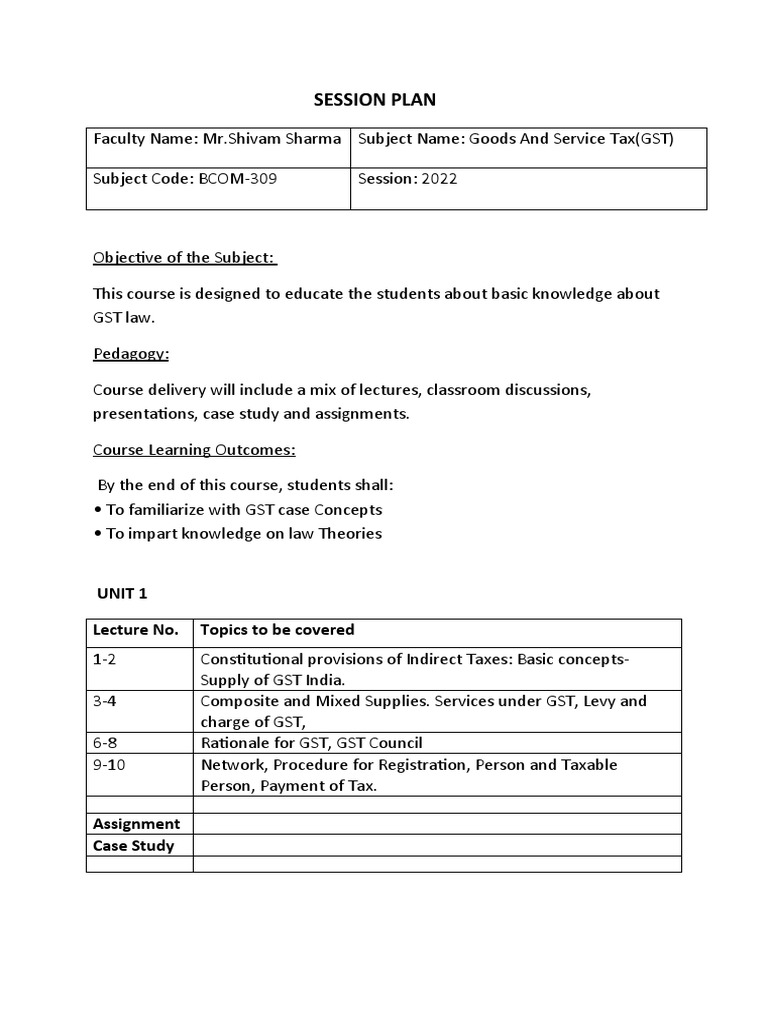 An Introduction to Goods and Services Tax (GST) in India: Session Plan ...