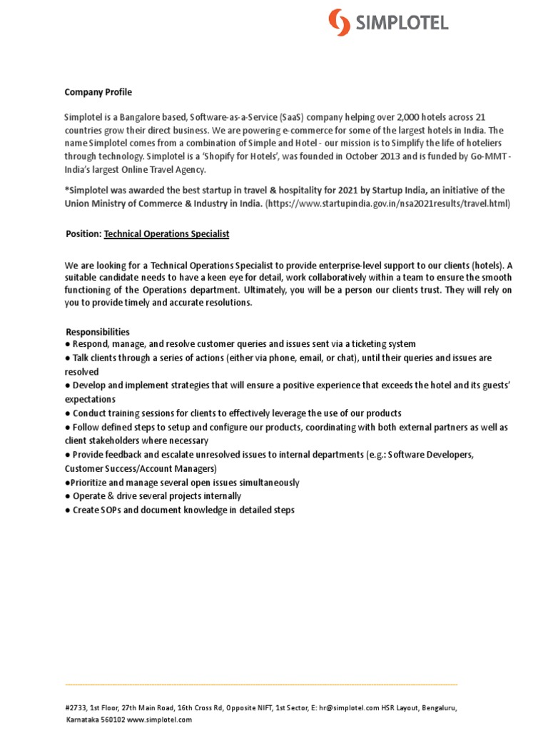 JD - Technical Operations Specialist | PDF | Software As A Service ...