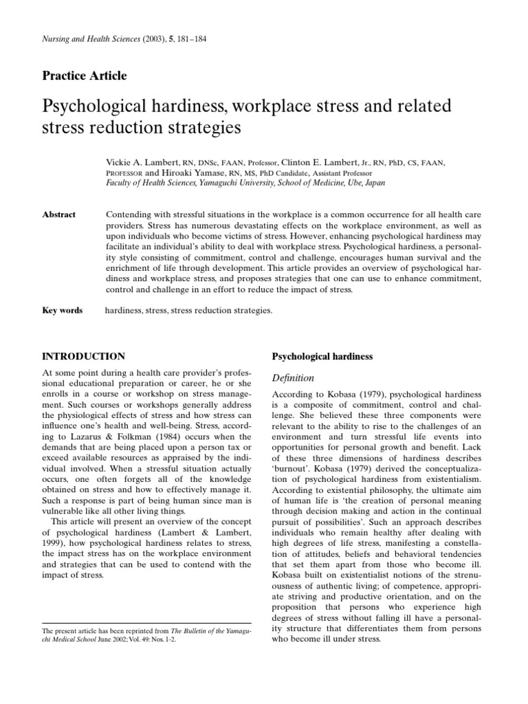 Psychological Hardiness, Workplace Stress and Related Stress Reduction ...