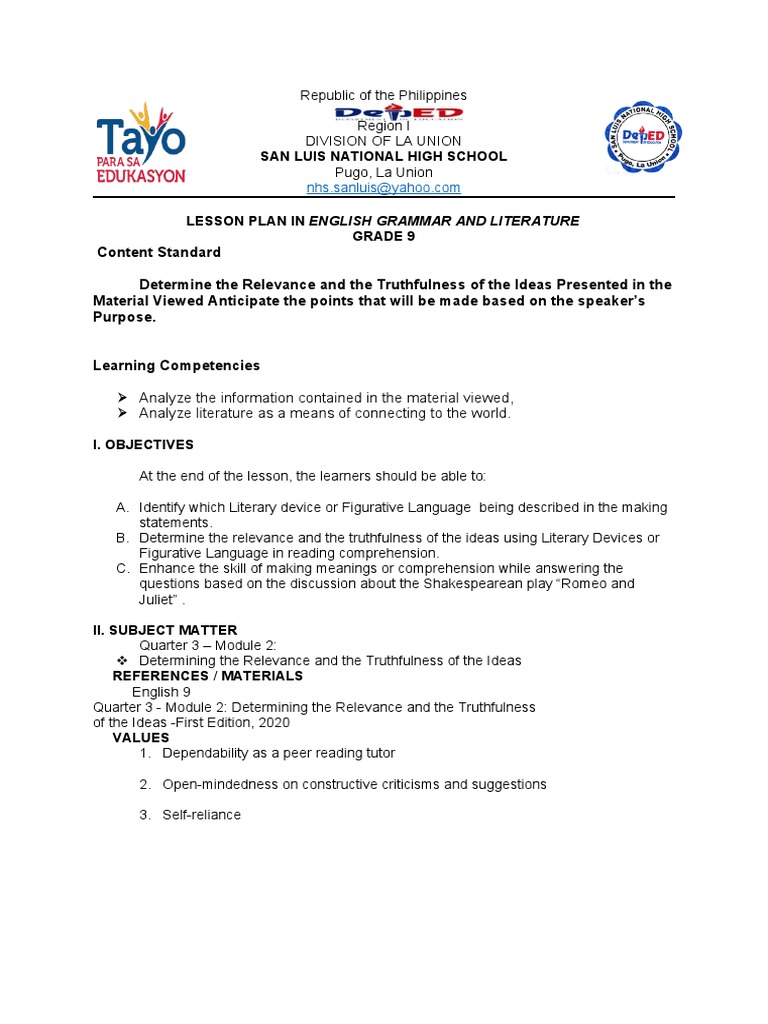 Demo Plan English 9 Q3 2023 | PDF | Lesson Plan | Learning