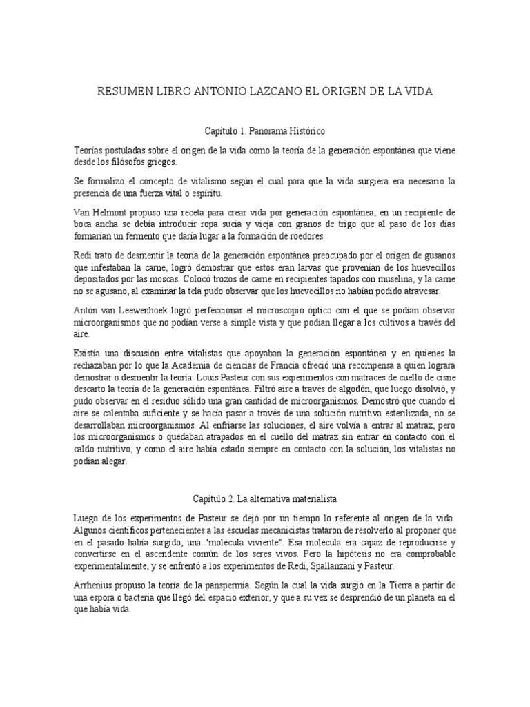 Origen vida resumen Lazcano | PDF | Organismos | Eucariotas