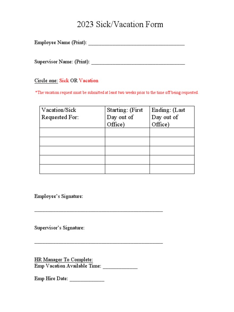 Requesting Time Off: A Guide to Submitting Your 2023 Sick/Vacation Form ...