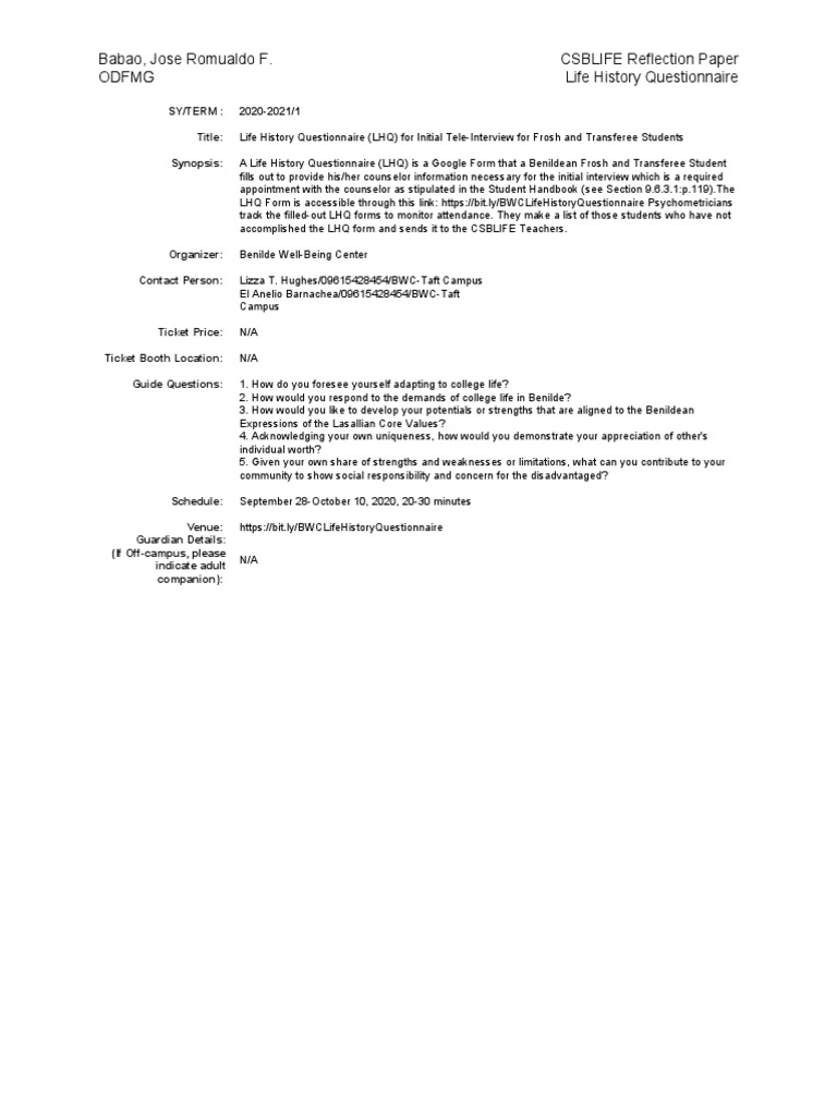 CSBLIFE Accreditation Life History Questionnaire Reflection Paper | PDF ...