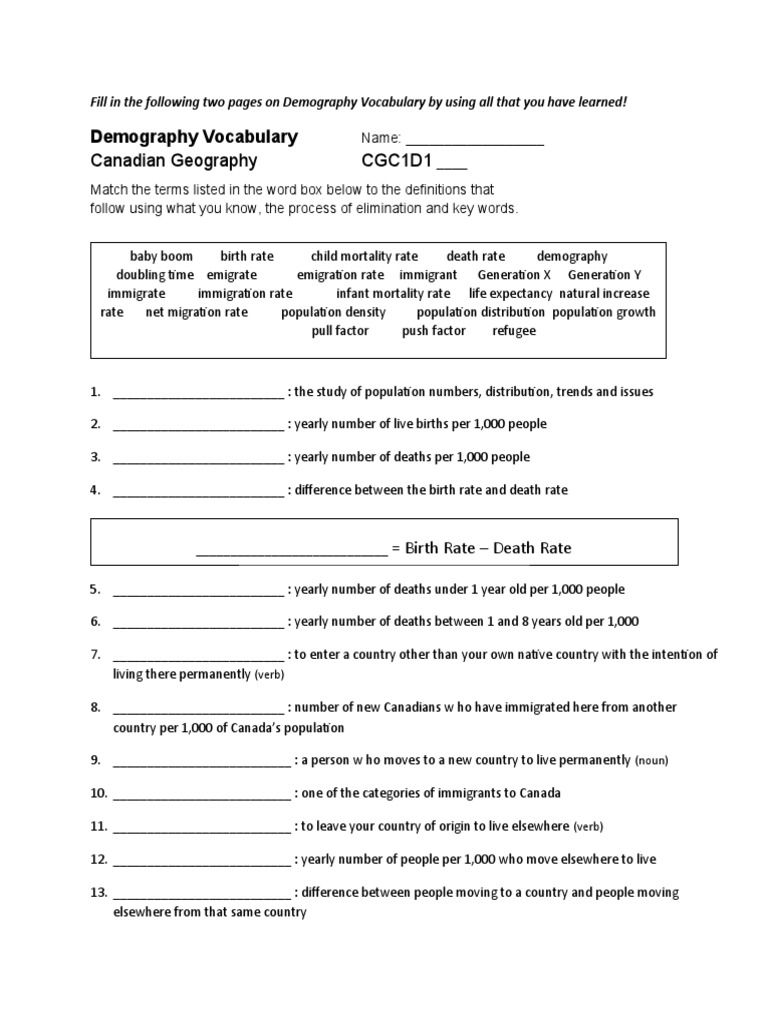 UNIT 3 CHANGING POPULATIONS - 2d CGC 1D1-REVIEW FILL IN THE BLANKS | PDF