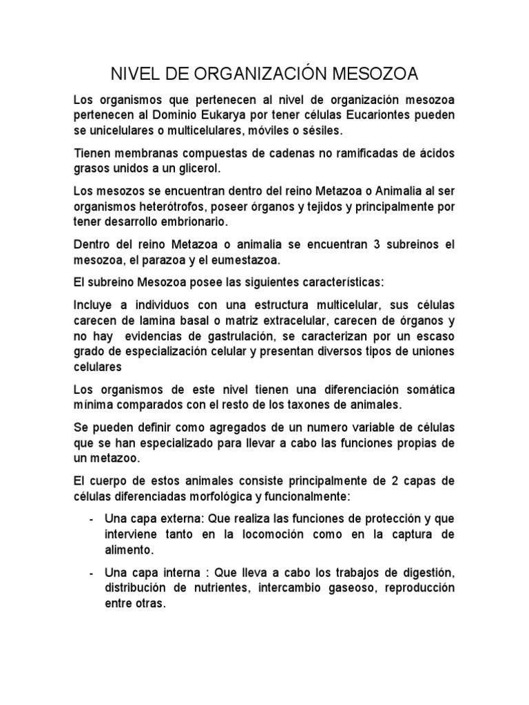 Nivel de Organización Mesozoa | PDF
