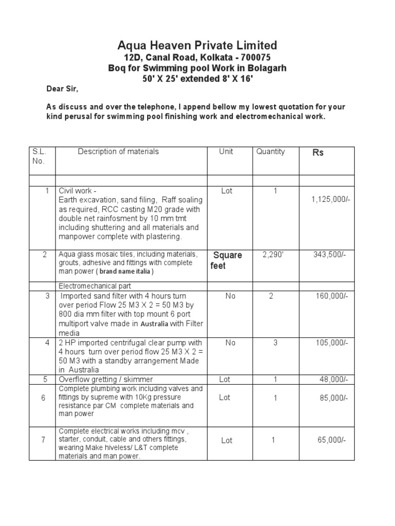 Aqua Heaven BOQ For Swimming Pool Bolagarh50 | PDF | Equipment | Manufactured Goods