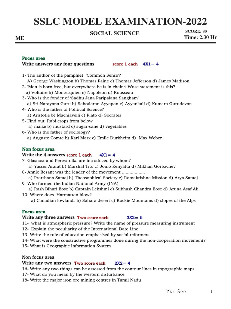Kerala SSLC Social Science Model Question Paper 2022 - New Pattern | PDF