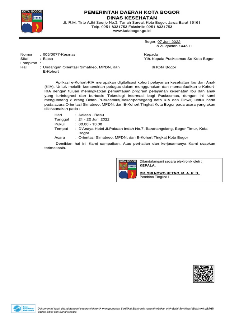 Undangan Orientasi E-Kohort Tingkat Kota Bogor | PDF