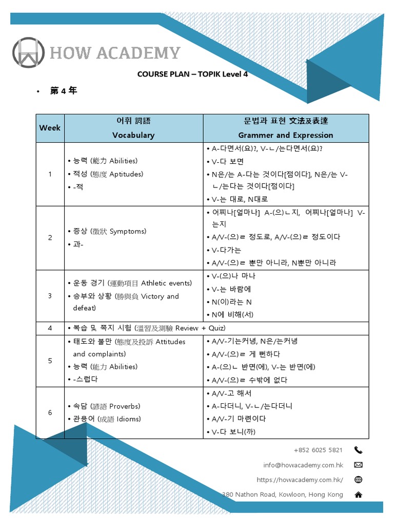 Course Plan - TOPIK Level 4 | PDF