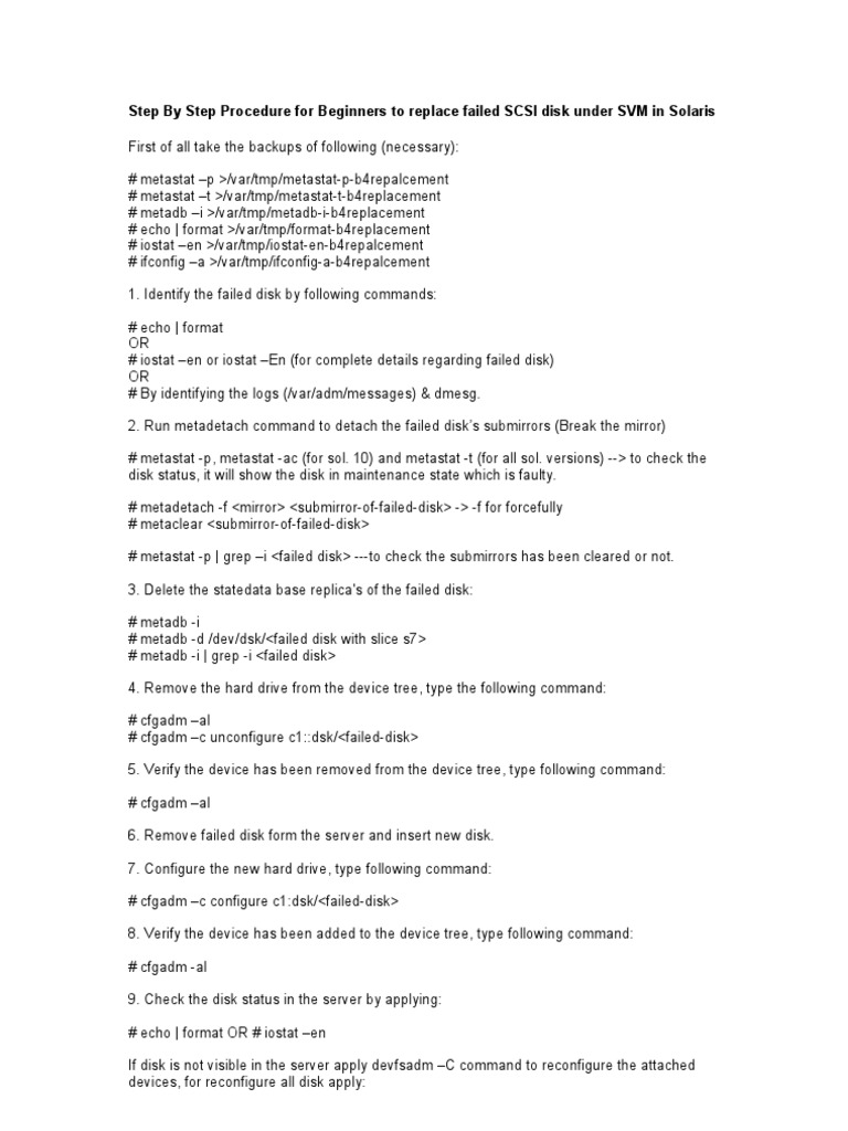 Step by Step Procedure For Beginners To Replace Failed SCSI Disk Under SVM in Solaris | PDF ...