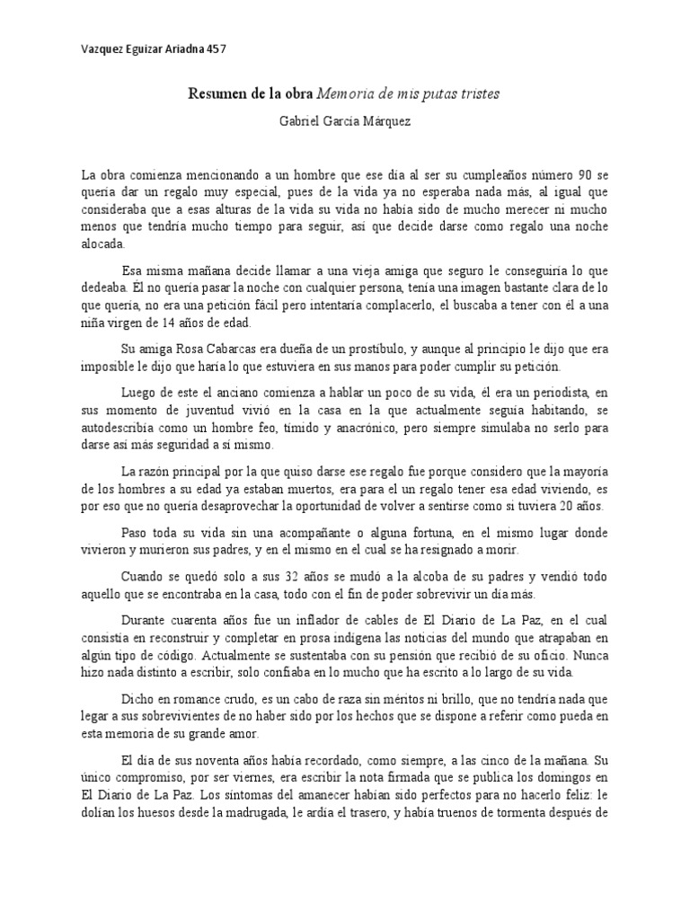 Resumen de La Obra Memoria de Mis Putas Tristes | PDF | Vejez