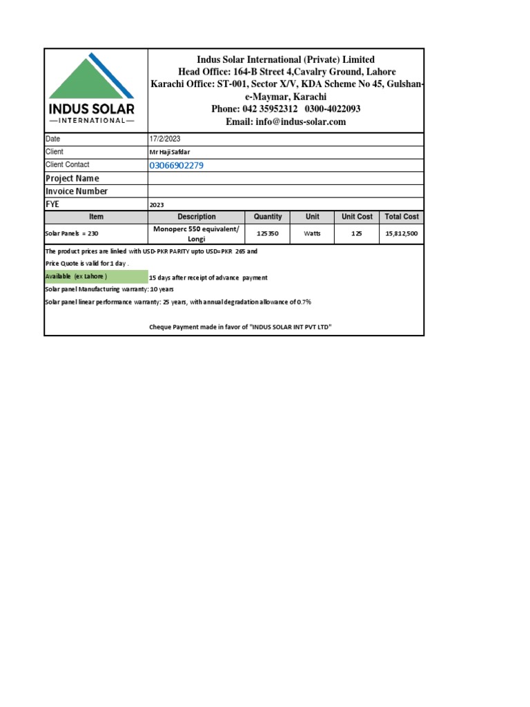 Indus Solar International provides solar panel quote | PDF