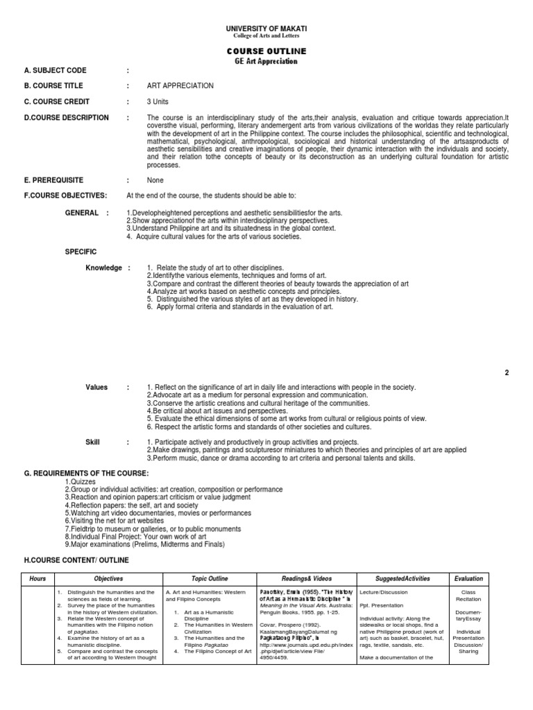 Syllabus For Art Appreciation | PDF | Aesthetics | The Arts