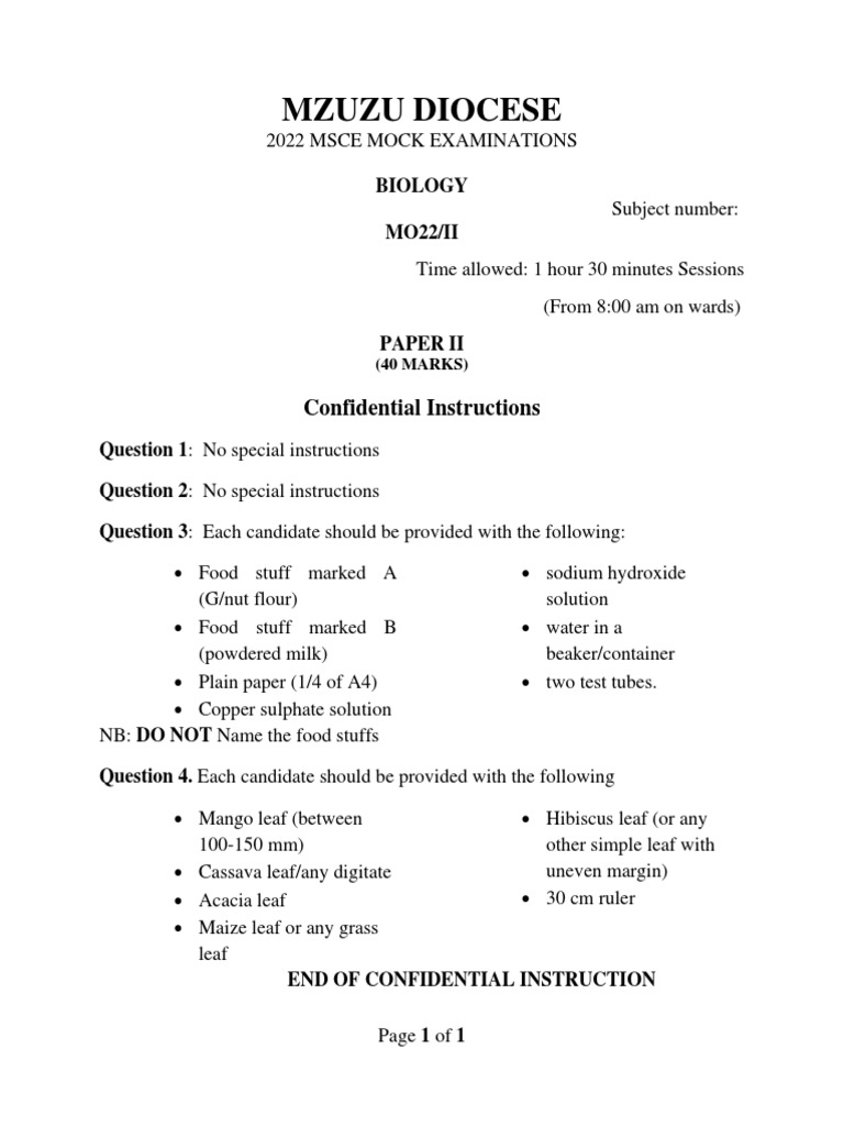 2022 Mzuzu Diocese Biology Pii Confidential Instruction | PDF