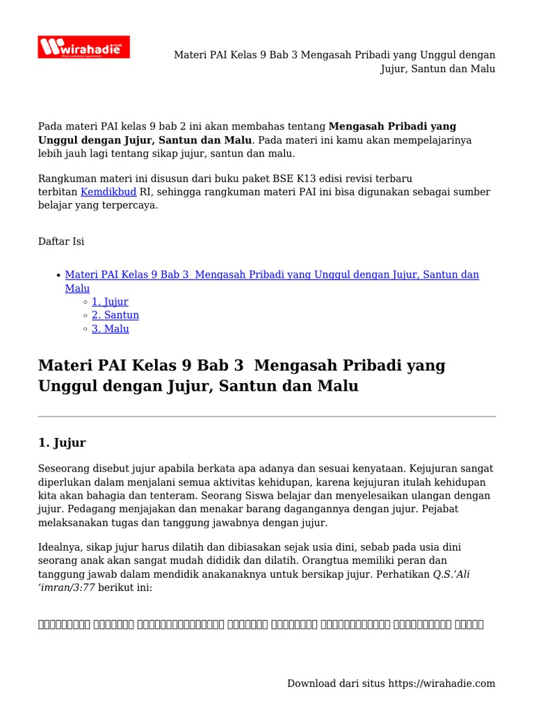Materi PAI Kelas 9 Bab 3 Mengasah Pribadi Yang Unggul Dengan Jujur, Santun Dan Malu | PDF