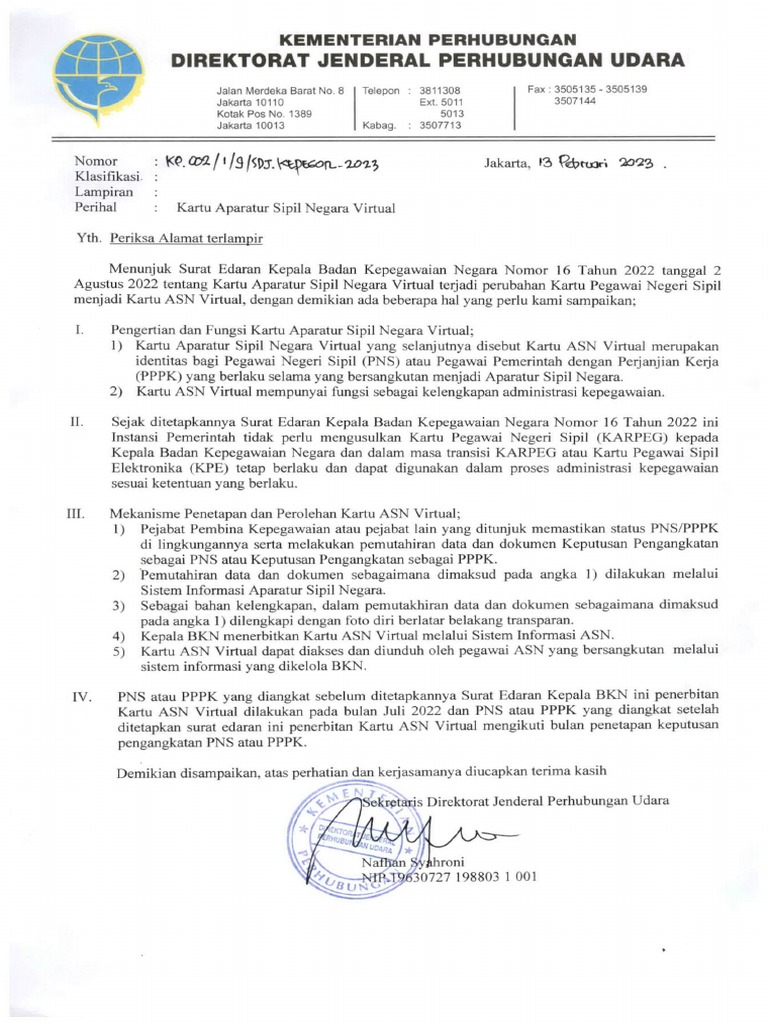 Surat Kartu ASN Virtual | PDF