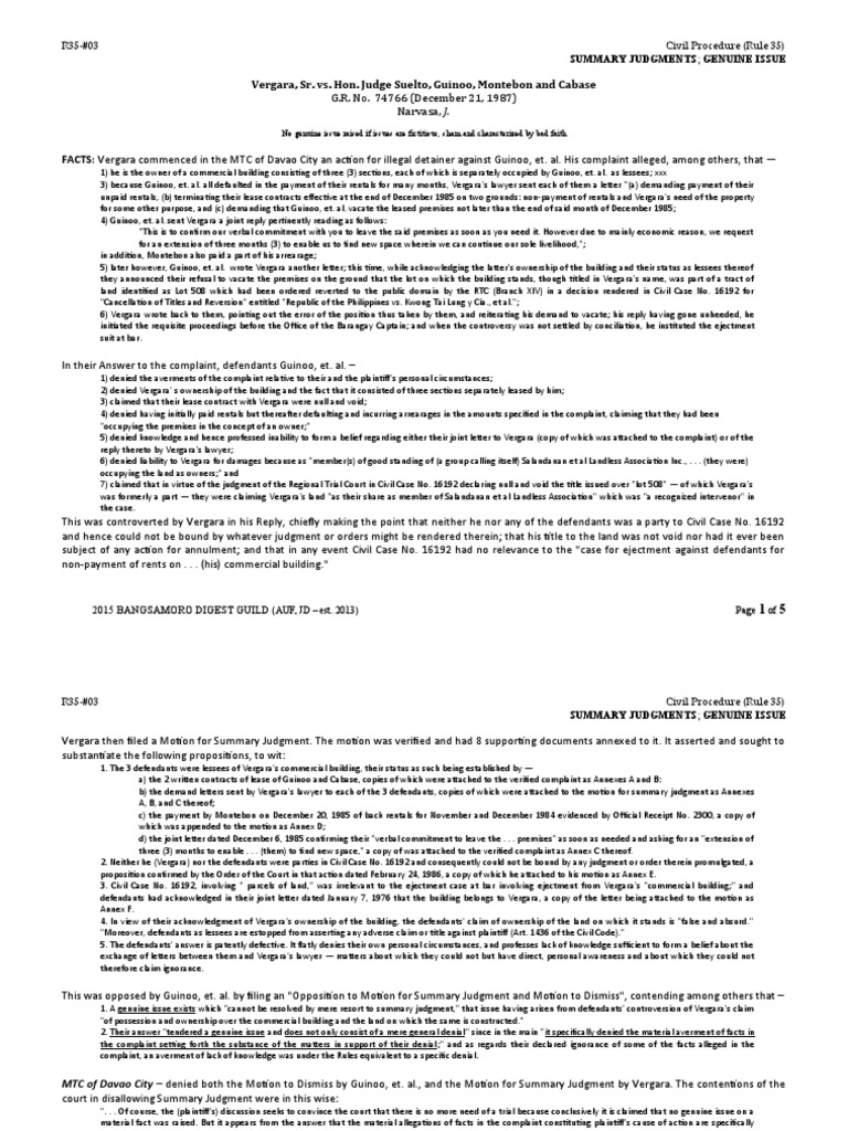 Civil Procedure Summary Judgments Genuine Issue | PDF | Summary ...