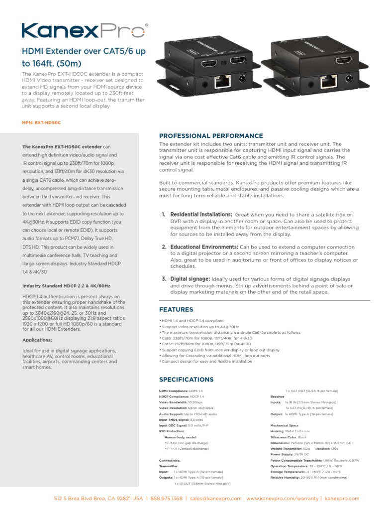 2323 EXT HD50C Product Sheet | PDF | Hdmi | Display Resolution