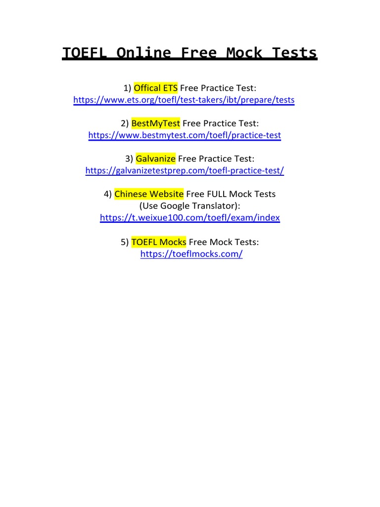 Free TOEFL Mock Tests | PDF