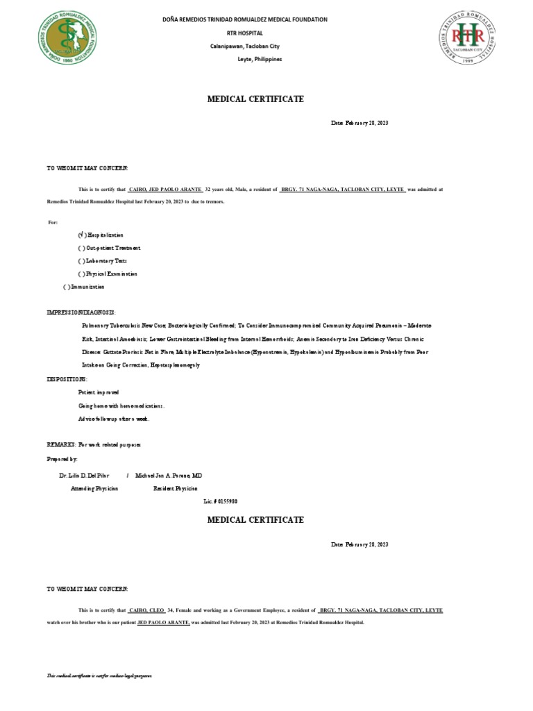 RTRH Med Certificate | PDF | Immunodeficiency | Anemia