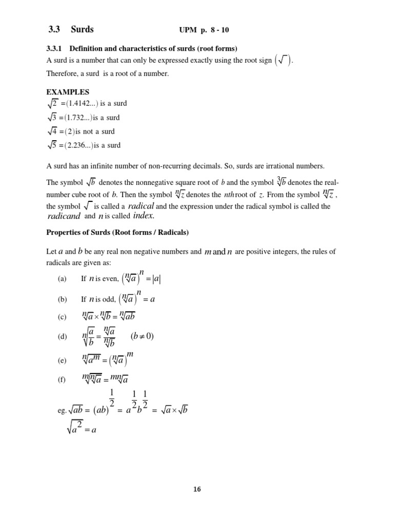 ITM401S Unit 3.3 Surds 3.4 Multiplication 3.5 Factorisation | PDF | Numbers | Mathematics
