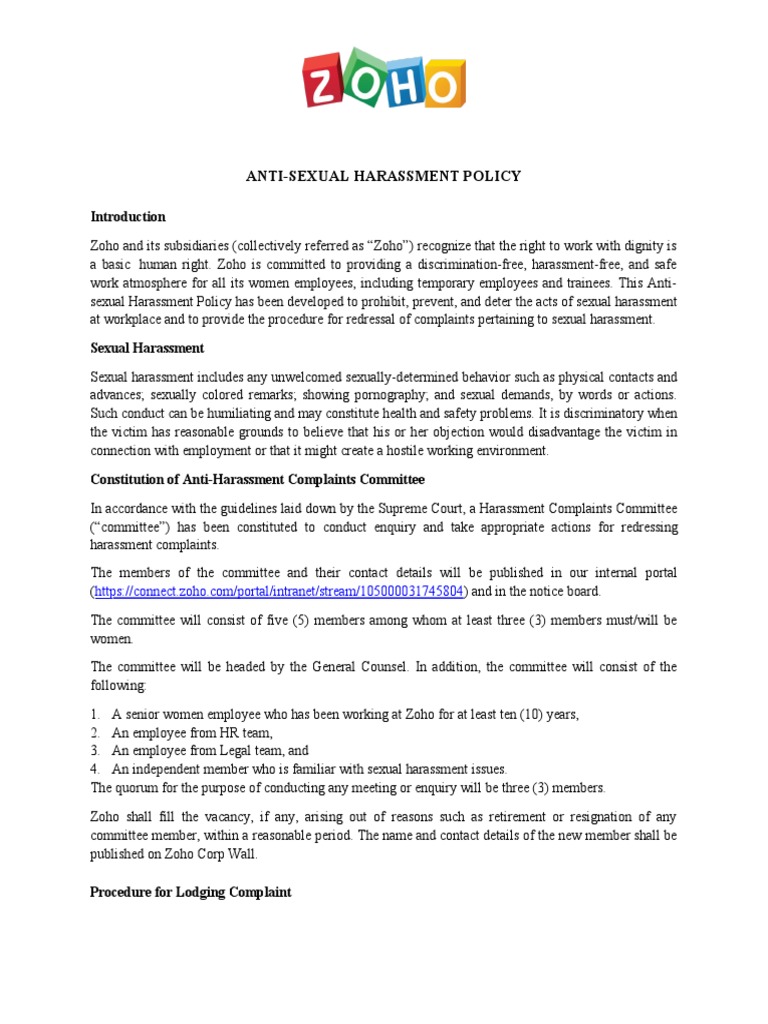 Zoho - 2 | PDF | Sexual Harassment | Complaint