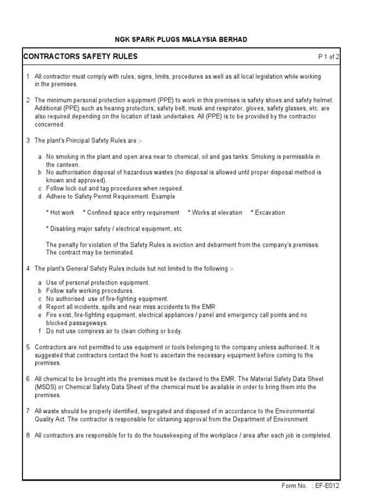 EF-E012 Contractors Safety Rules | PDF | Personal Protective Equipment ...
