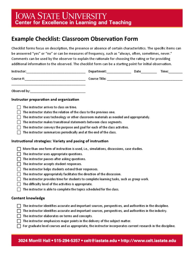 Example Checklist: Classroom Observation Form: Instructor Preparation ...