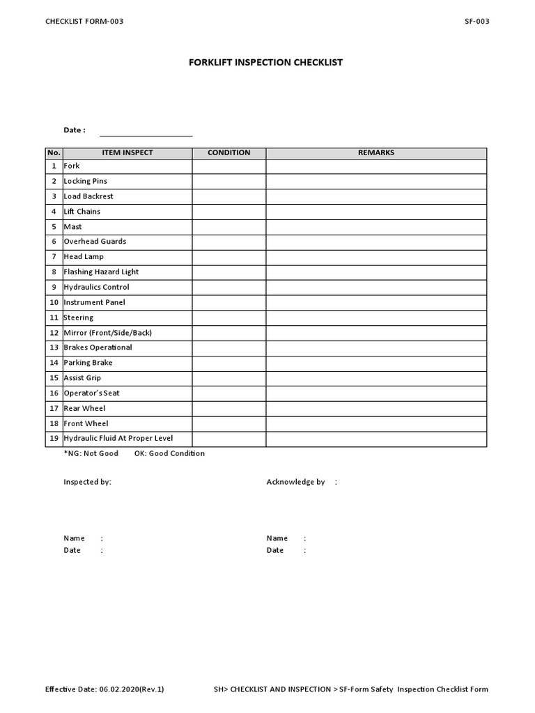 Forklift Inspection Checklist | PDF | Business | Law