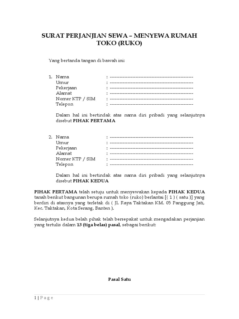 Surat Perjanjian Sewa-Menyewa Ruko | PDF