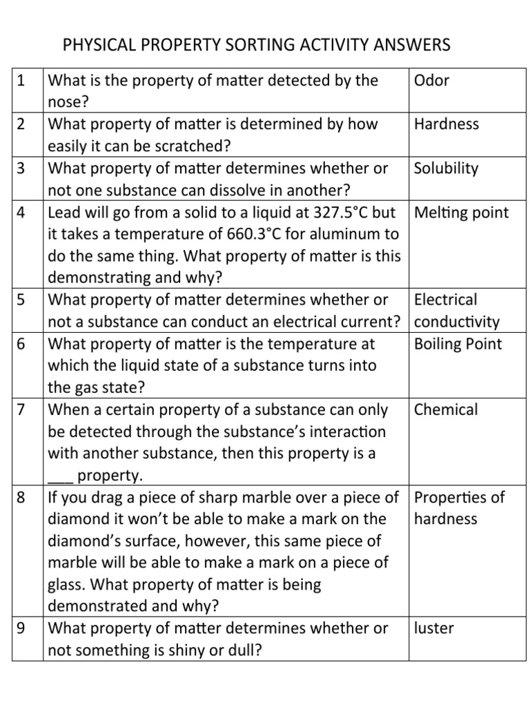 Physical Properties Sorting Answers | PDF | Liquids | Matter