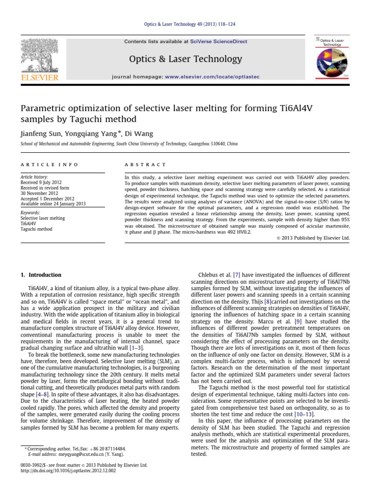 Optimization Of Selective Laser Melting Process Parameters For Ti6al4v Samples Using Taguchi