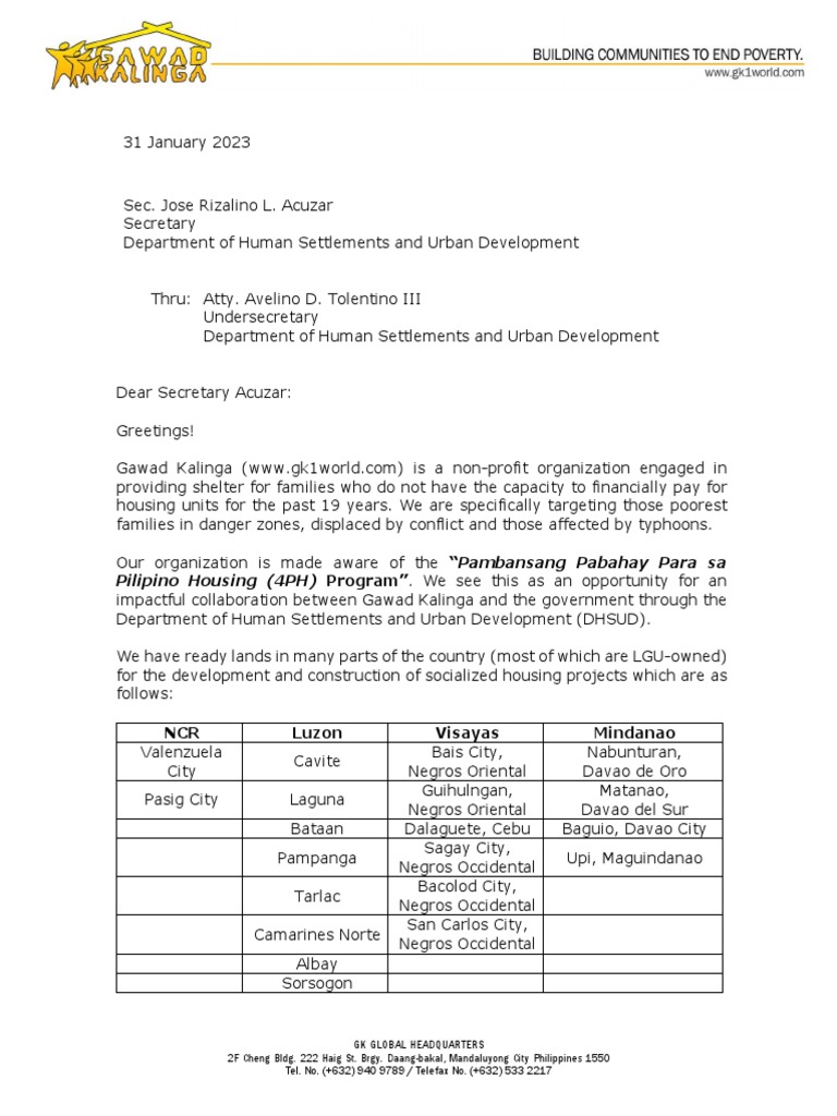 Gawad Kalinga - Letter To Sec Acuzar (Final) | PDF | Economies