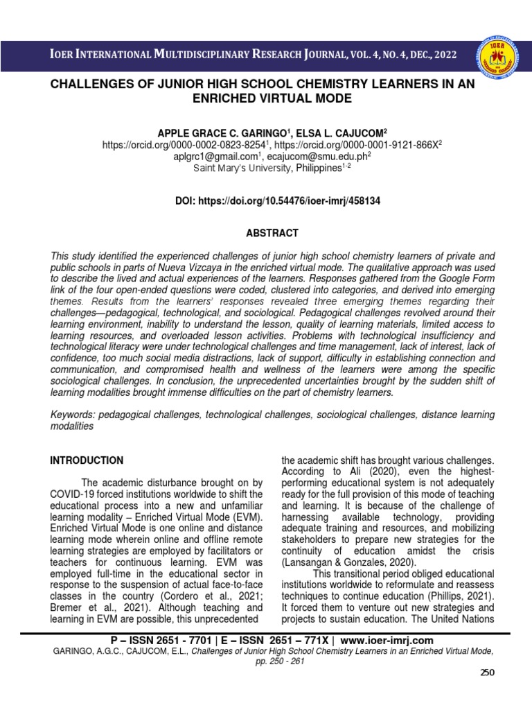 Challenges of Junior High School Chemistry Learners in An Enriched ...