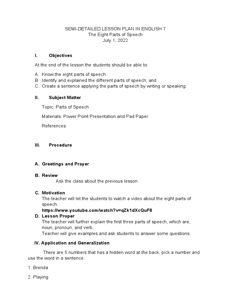 Semi-Detailed Lesson Plan: Parts of Speech | PDF
