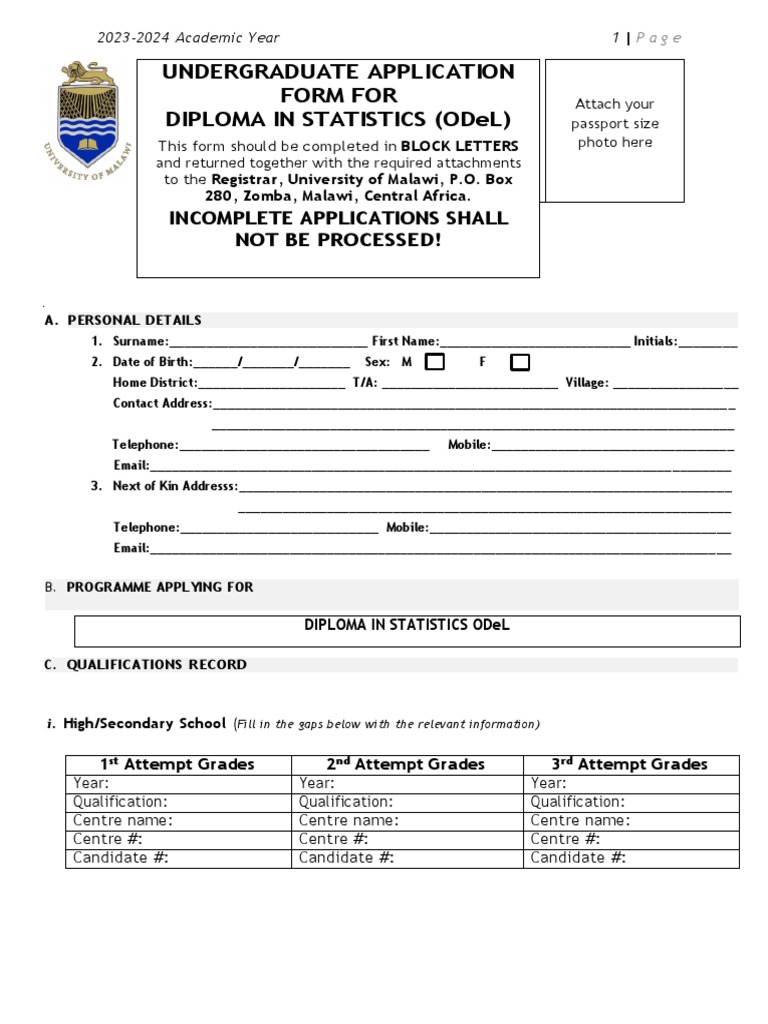 UNIMA Diploma in Statistics Form | PDF