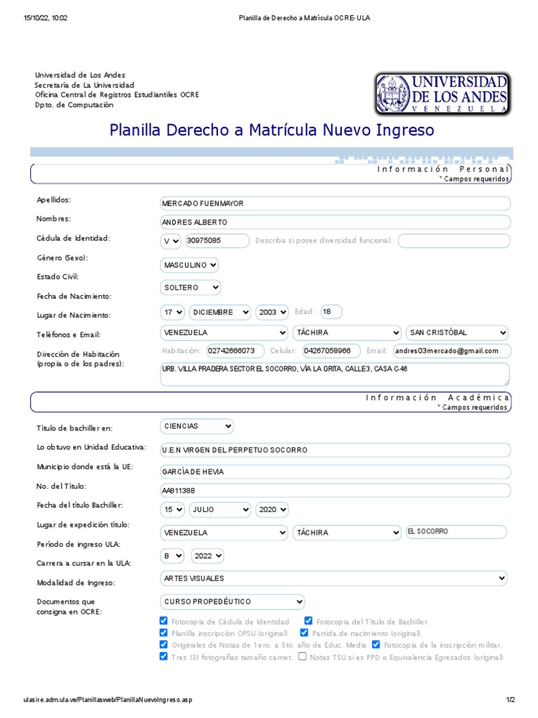 Planilla de Derecho A Matrícula OCRE-ULA | PDF | Información del ...