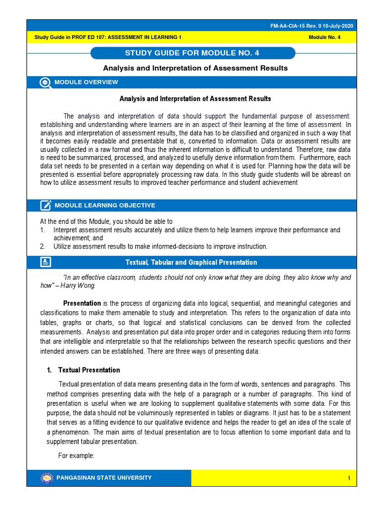 Analysis and Interpretation of Assessment Results: Study Guide For Module No. 4 | PDF | Standard ...